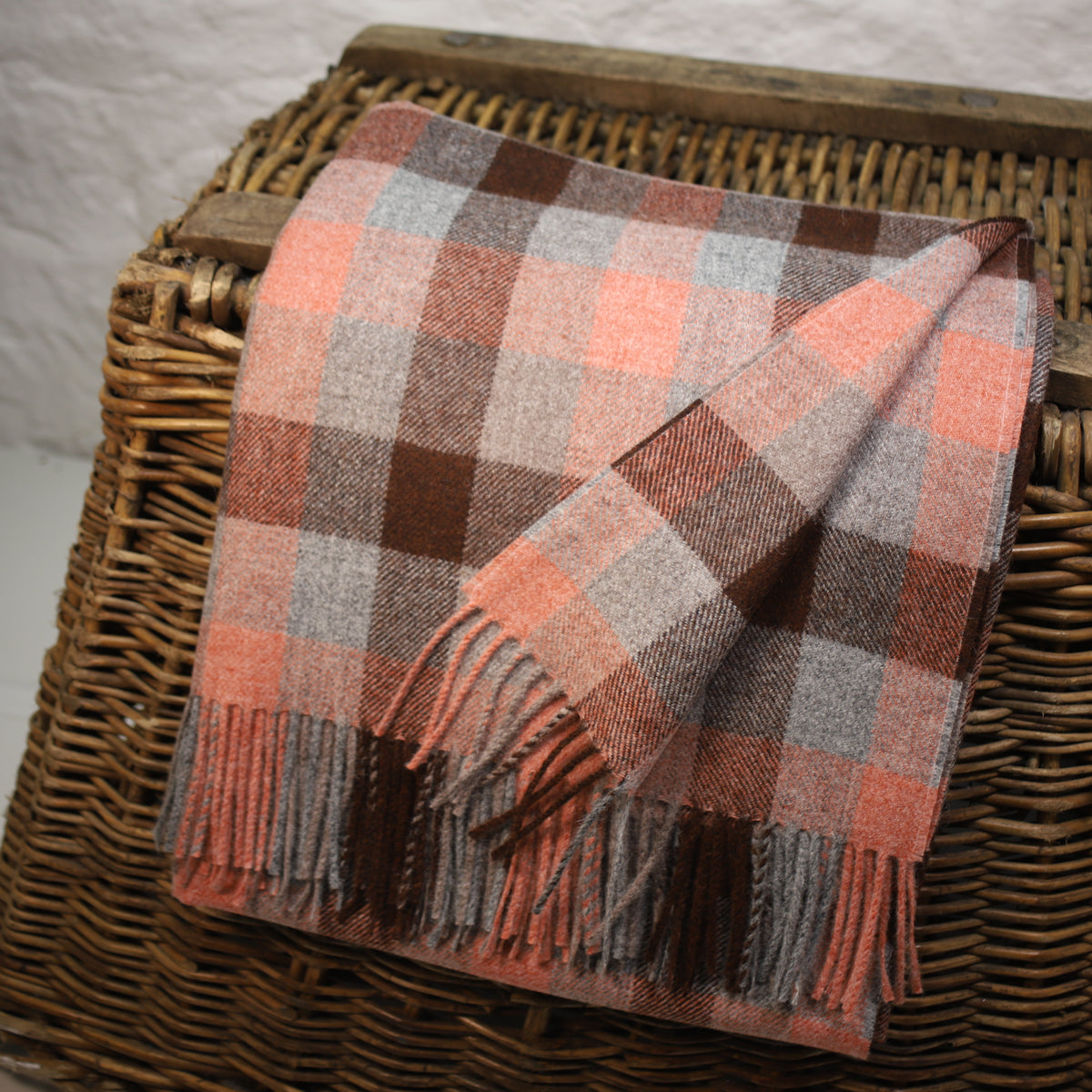 Grey Brown and Salmon Block Check Tweed Throw – From The Mills